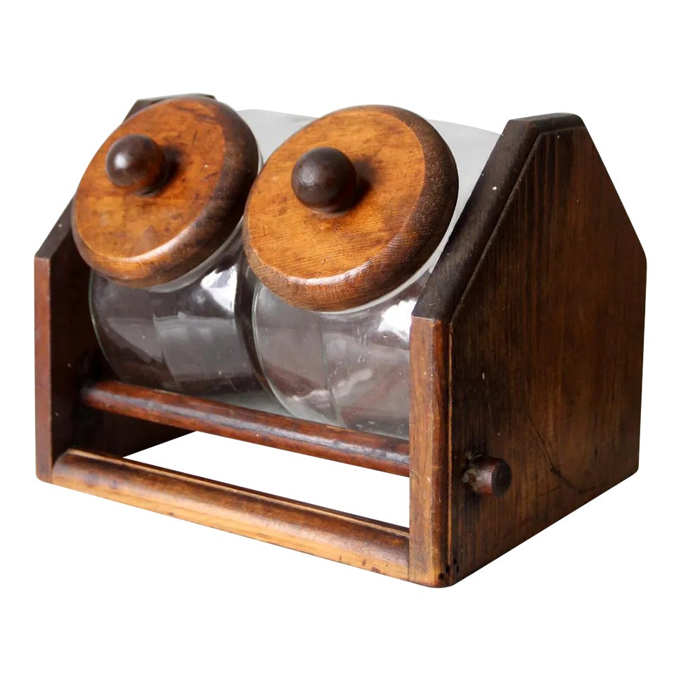 Vintage Glass Jars With Wood Stand | Chairish