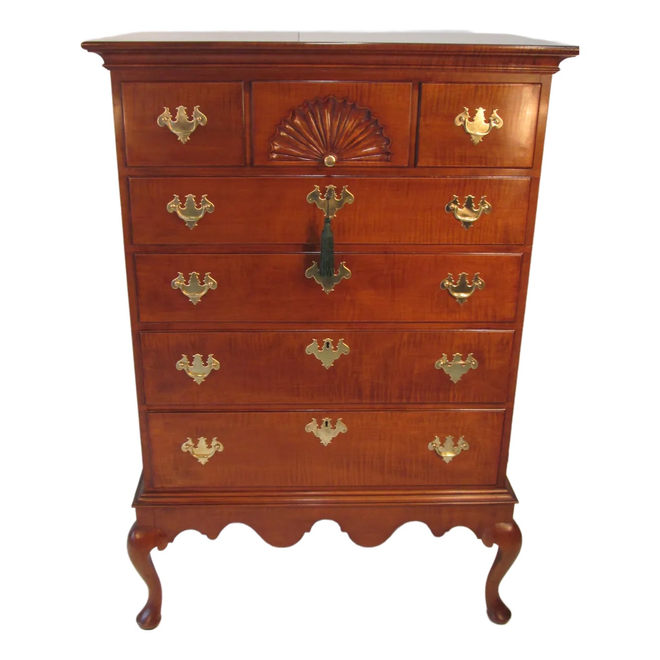 1940s Curley Maple Chest on Frame by Joseph Gerte of Boston | Chairish