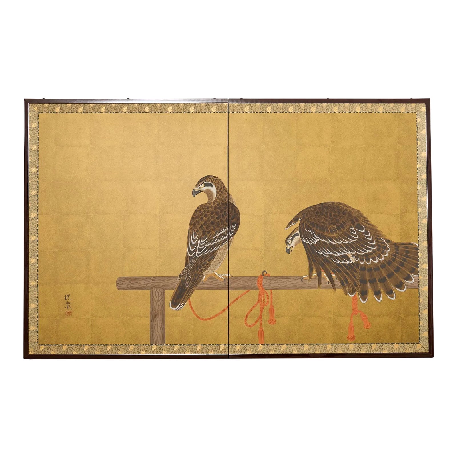 Japanese Showa Two Panel Screen Pair of Tethered Hawks | Chairish