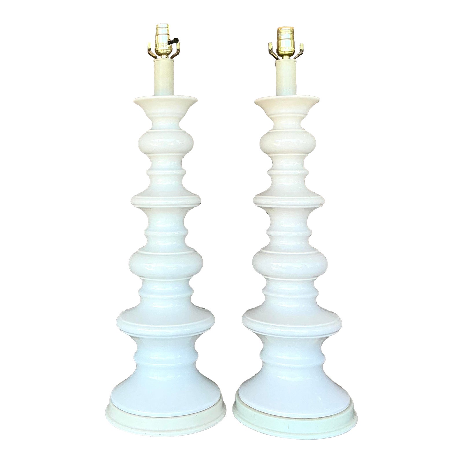 Vintage Boho Glazed Ceramic Spool Lamps - a Pair | Chairish