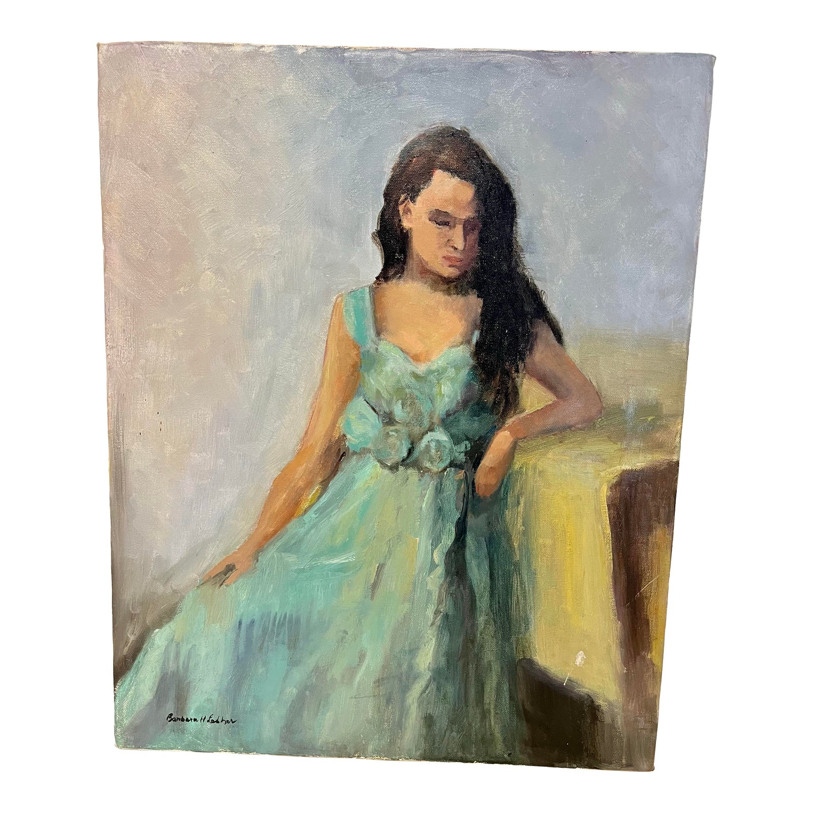 Vintage Barbara Lebhar Oil on Canvas of a Young Lady in a Blue Dress ...