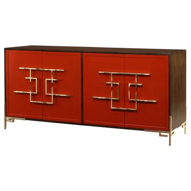 Ribbon Mahogany Frame with Red Lacquer Doors Chinois Sideboard | Chairish
