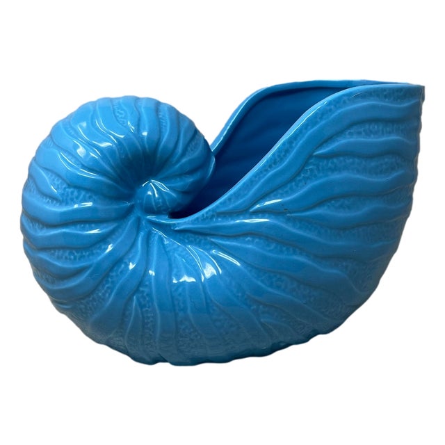 Glazed Ceramic Cyan Blue Nautilus Shell Bowl Planter | Chairish