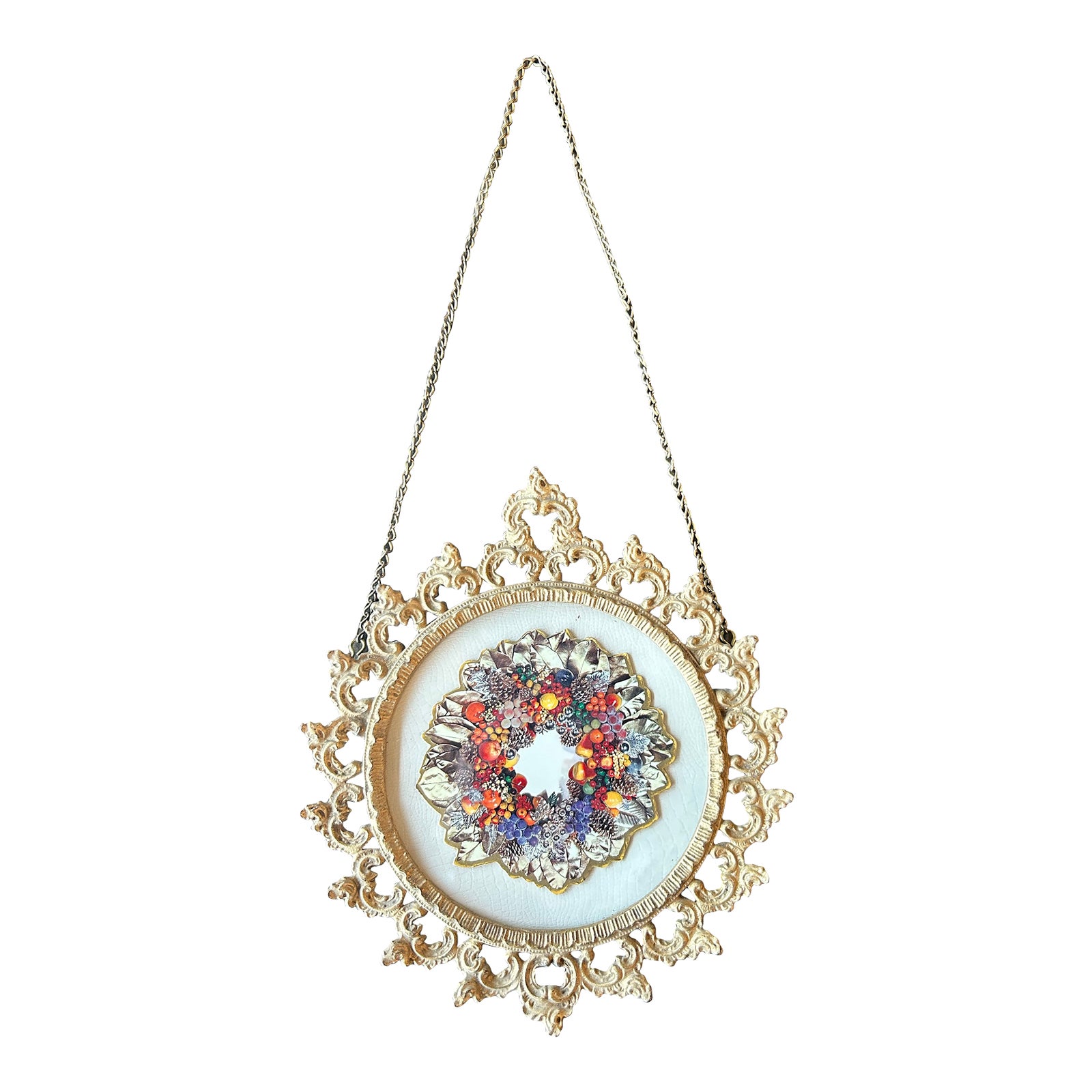 Mid 20th Century Hanging Ornate Round Gold Metal Picture Frame on Chain ...