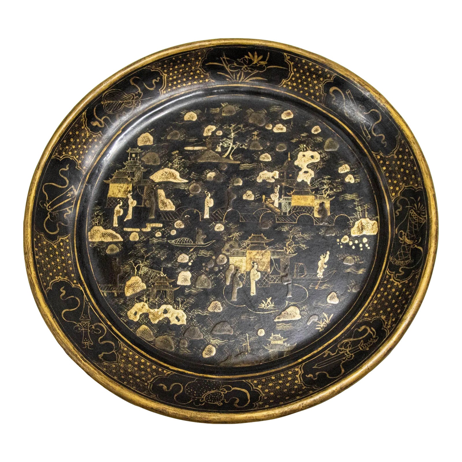Large Chinese Platter in Black Lacquered Gilt Hand Painted 1940s | Chairish