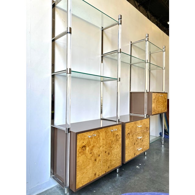 1970s Vintage Burlwood and Lucite Shelving Wall Unit | Chairish