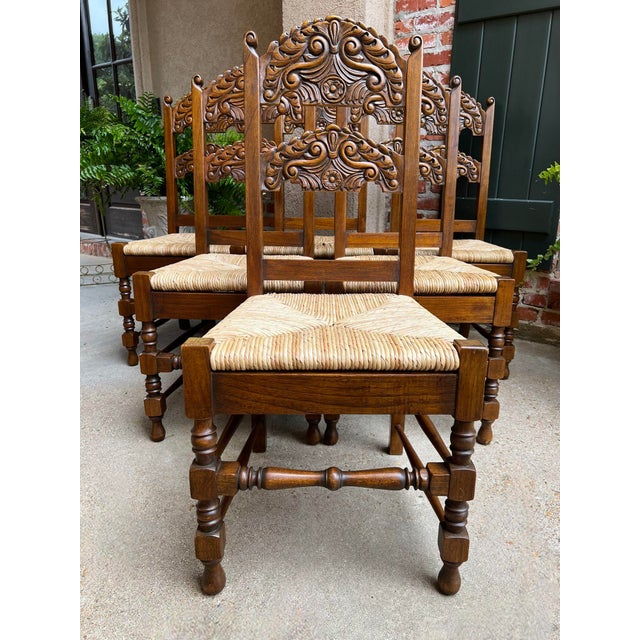 Set 6 Vintage English Dining Side Chairs Carved Oak Rush Seat Yorkshire ...