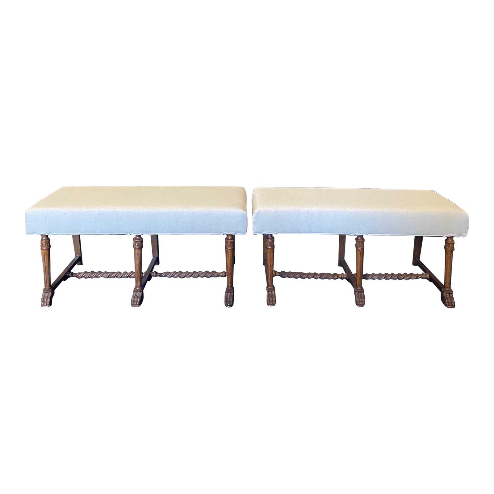 French Antique Carved Barley Twist Benches -A Pair | Chairish