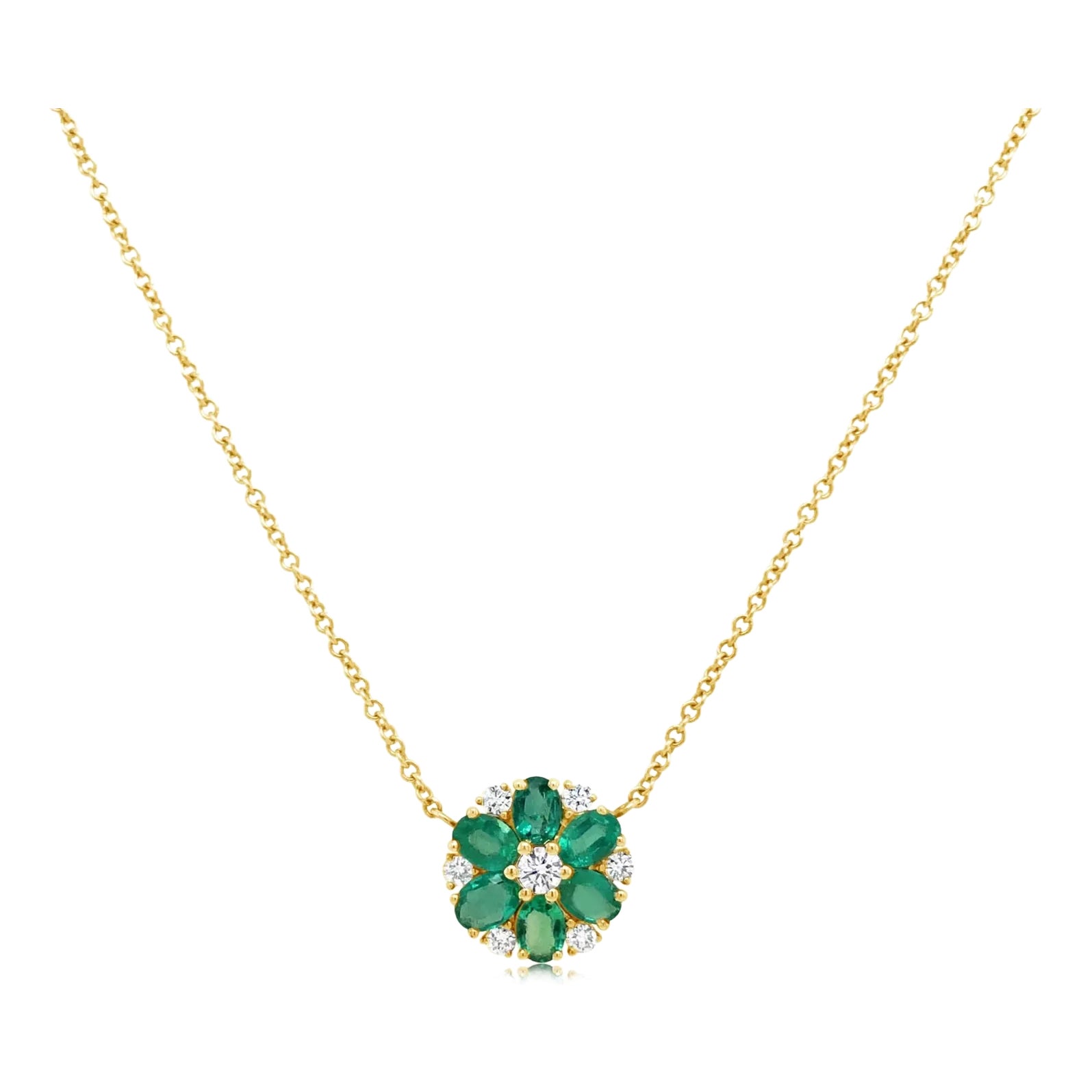 Diamond & Emerald Flower Pendant in Solid 14k Yellow Gold | Chairish