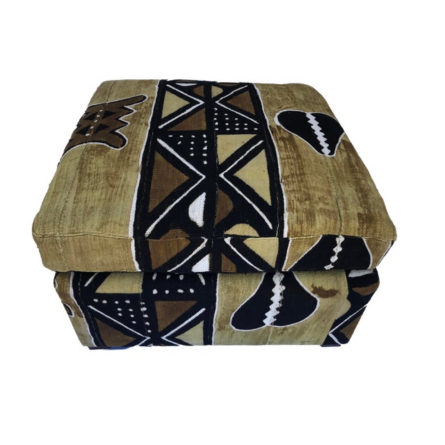 Custom Made Ottoman with Brown/Mustard/Black/White Mud Cloth | Chairish