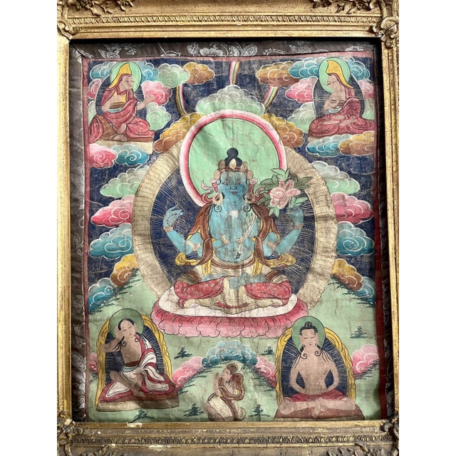 19th Century Tibetan Four Arms Guanyin Tangka With Antique Wooden Frame ...