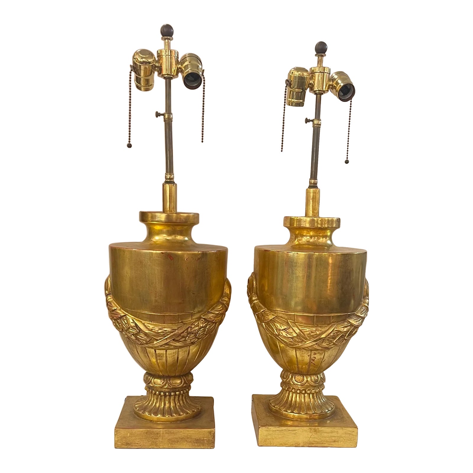 Pair of 2000s Wooden Gold Leaf Large Lamps | Chairish