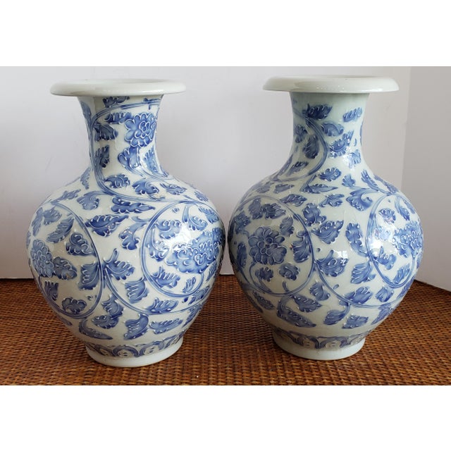 Vintage Blue & White Floral Pattern Vases - a Pair | Chairish