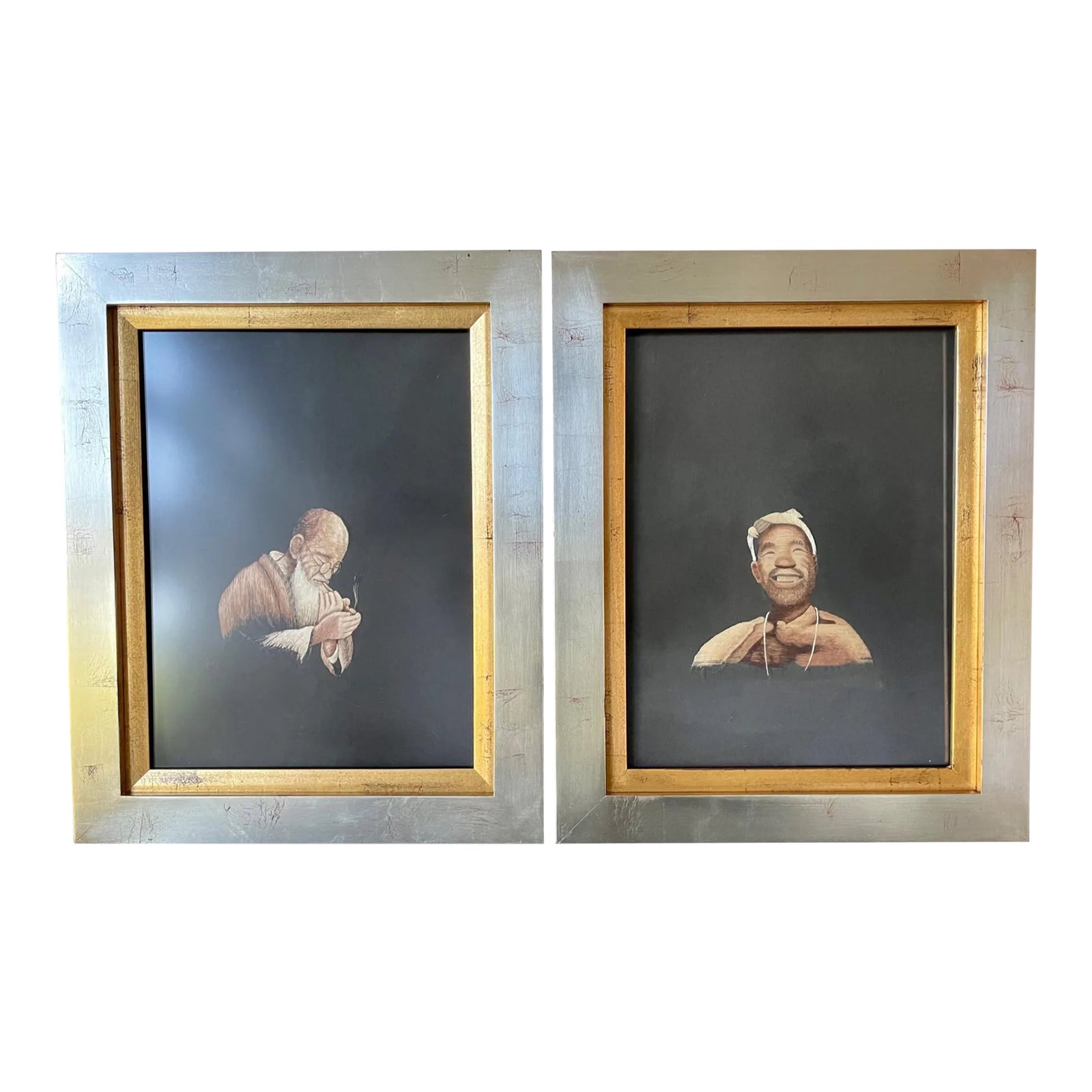 Framed Japanese Embroidery Art Portraits - A Pair | Chairish