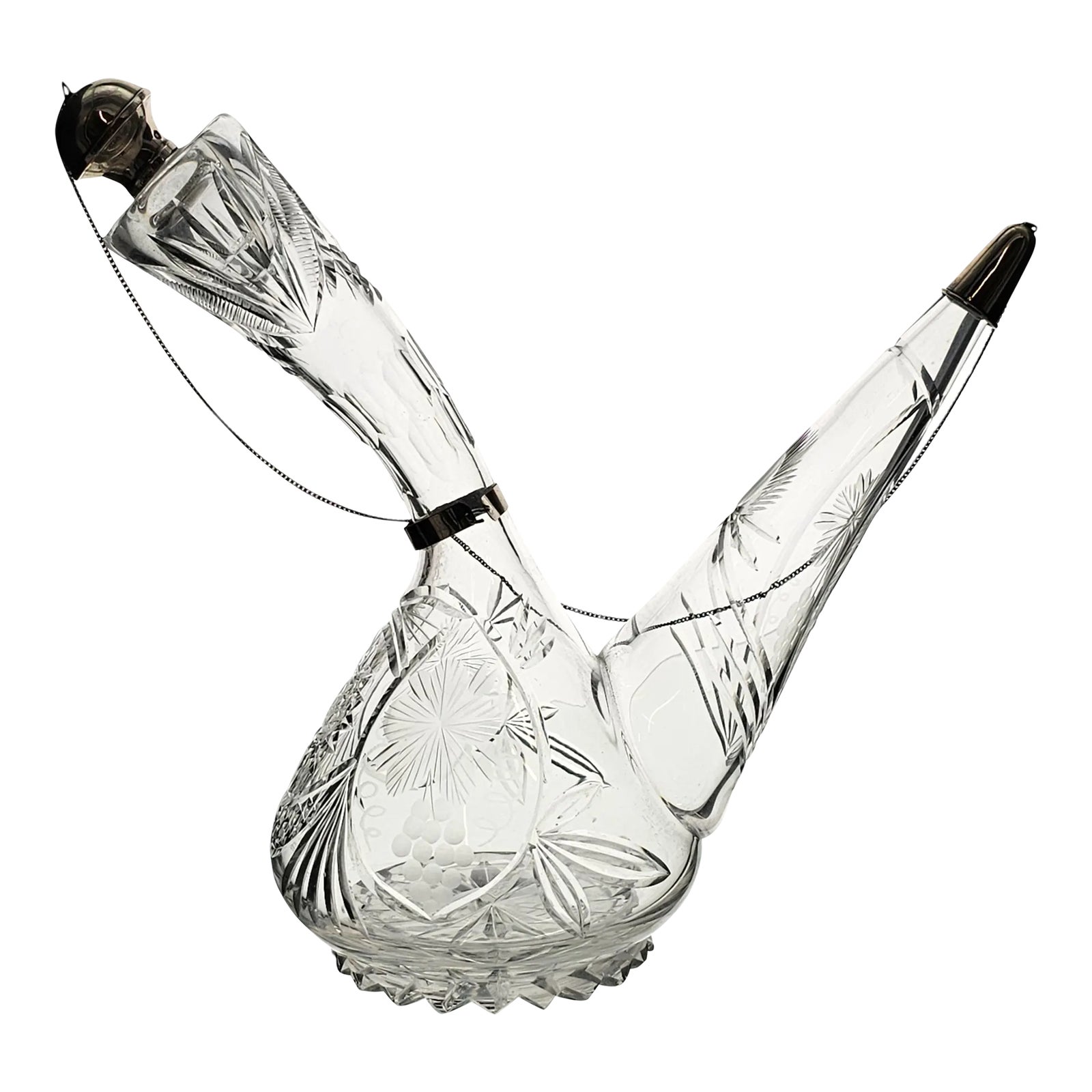 Spanish Cut Glass Porron Decanter With Silver Fittings and Chains ...