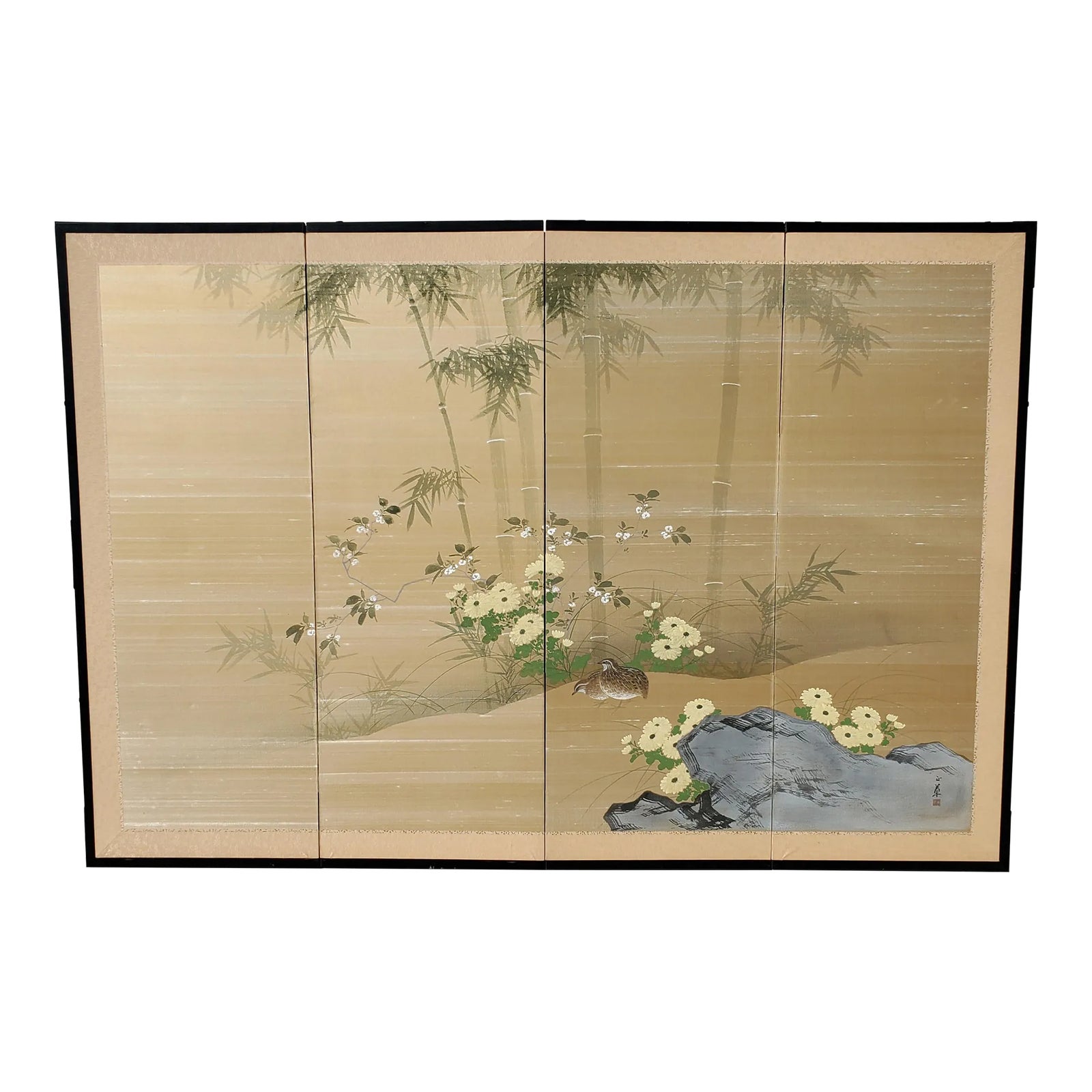 Antique Japanese Silk Screen Four-Panel Byobu Landscape With Two Quails ...