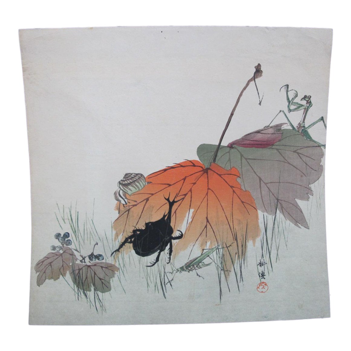 Kogyo Terazaki Japanese Meiji Woodblock Print Insects & Autumn Leaves ...