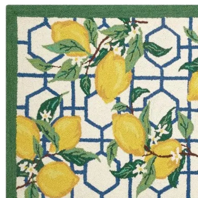 Lemons on Blue Hexagon Trellis Wool Hooked Small Area Rug | Chairish