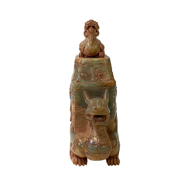 Chinese Stone Carved Tan Green Rectangular Pixiu Incense Burner Display ...