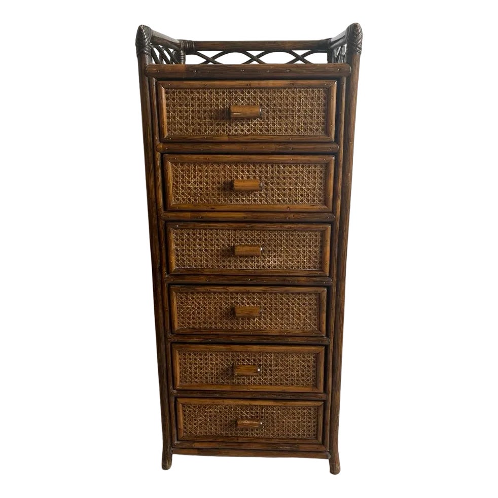 Vintage Cane and Bamboo Tallboy Chest of Drawers, 1970s | Chairish