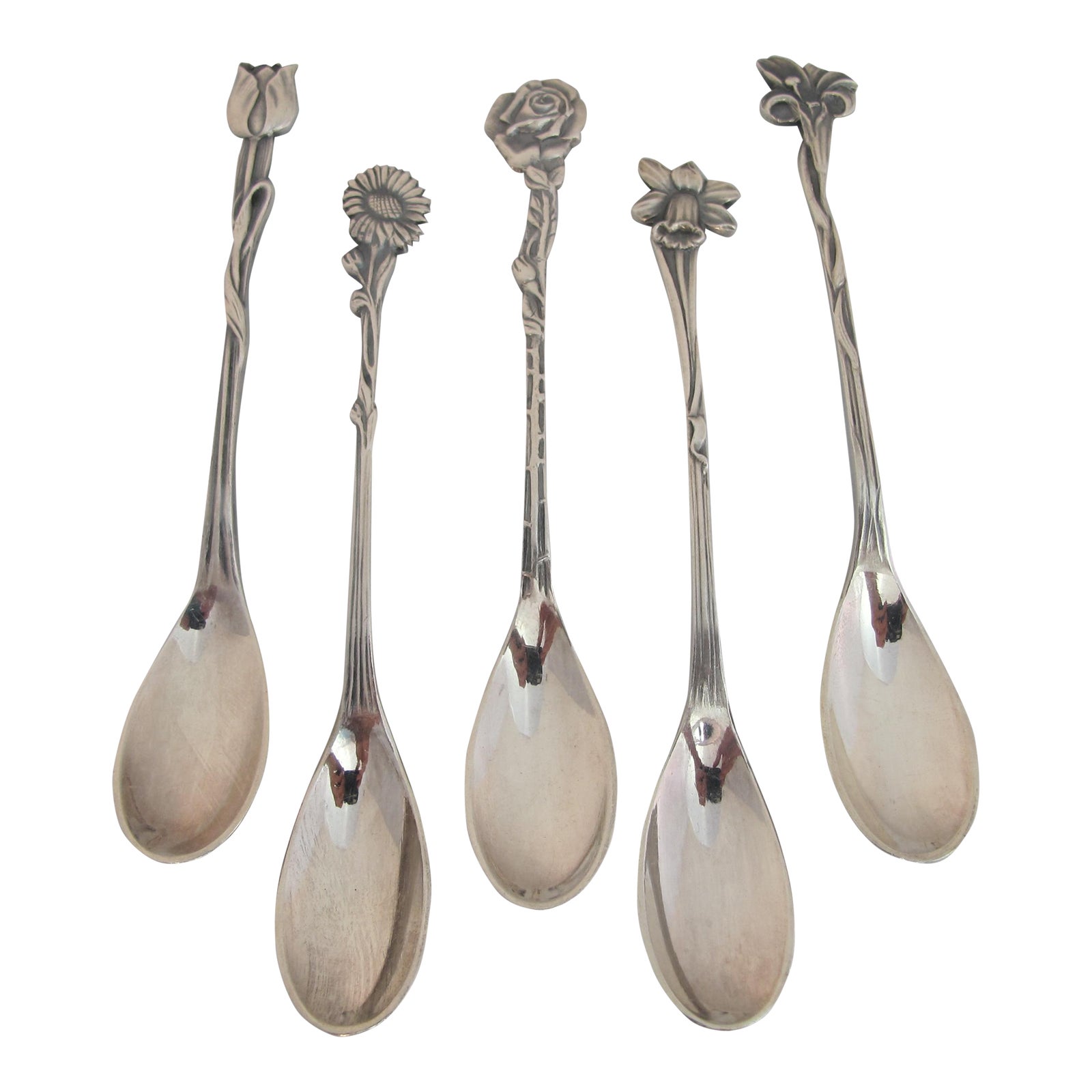 Holland Silver Plate Flower Handle Demitasse Spoon Set of 5 | Chairish