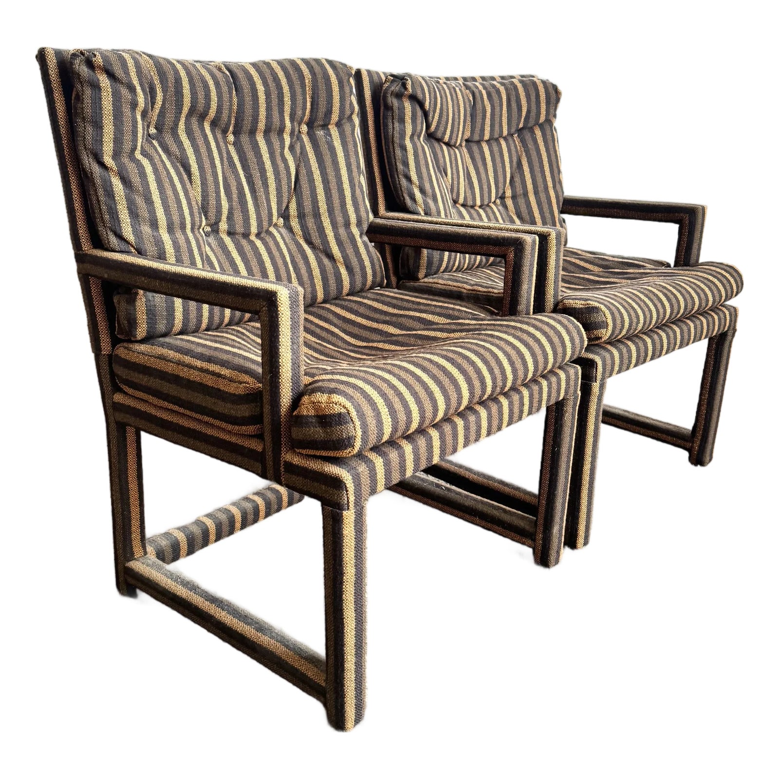 Postmodern Black and Brown Tufted Parsons Arm Chairs - A Pair | Chairish