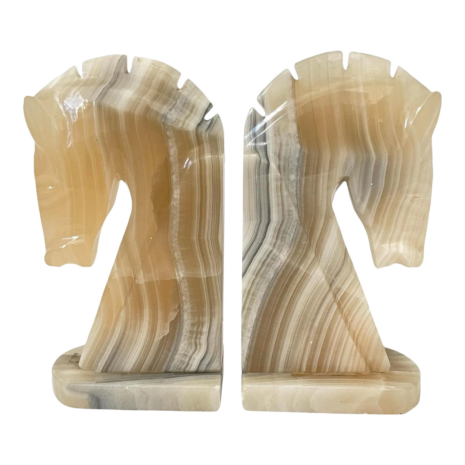 Vtg Hand Carved Onyx Marble Trojan Horse Head Bookend Chess Knight. Set ...