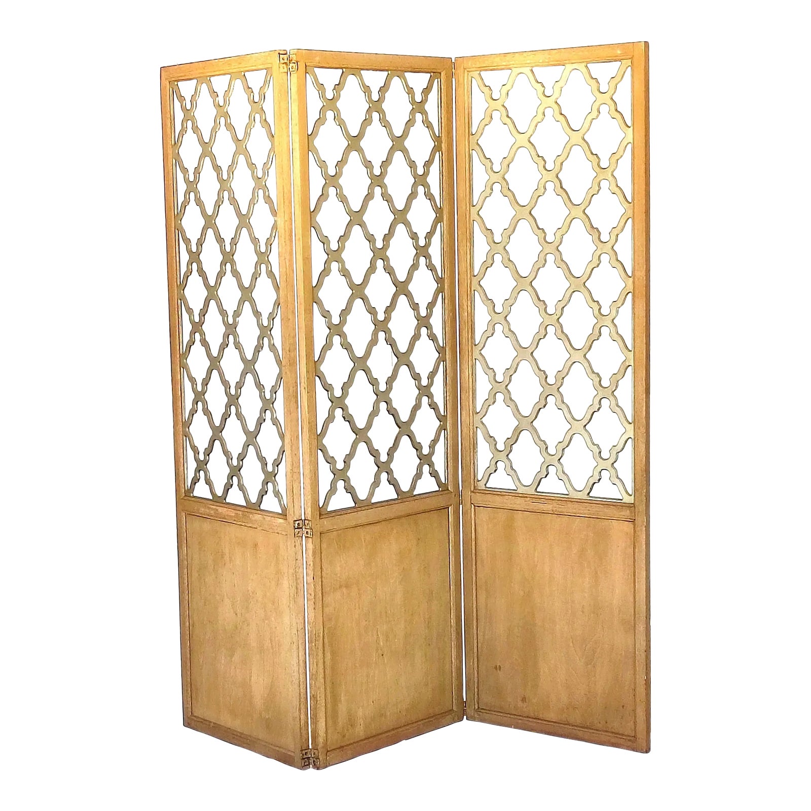 1960s Maison French White Oak Screen With Gold Filigree Cut Out | Chairish