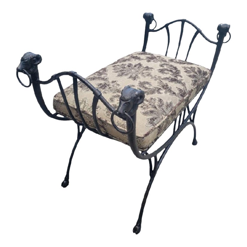 Vintage Rams Head Corner Cast Iron Black Metallic Damask Bench | Chairish