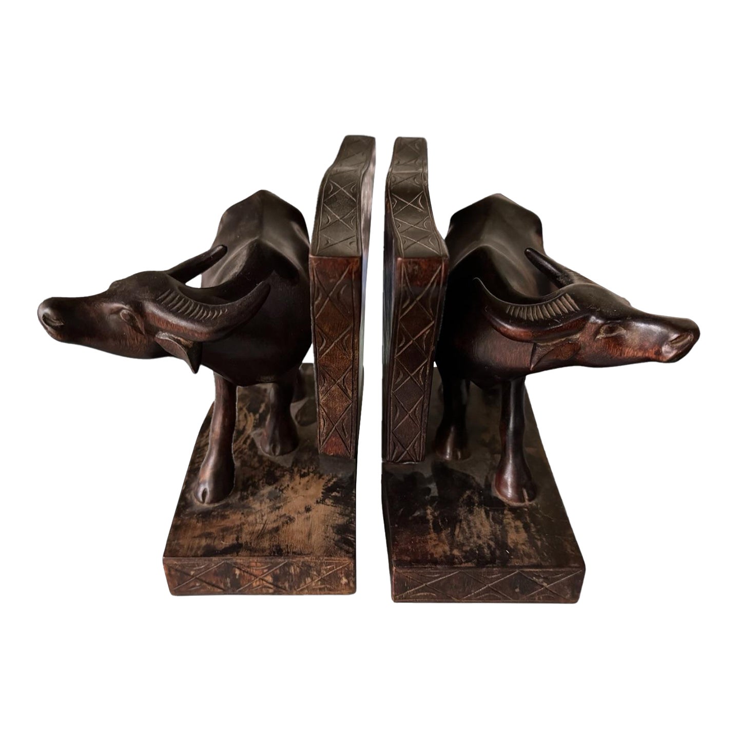 Pair of Vintage Carved Wooden Water Buffalo Bookends | Chairish