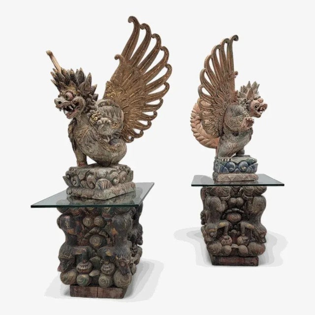 Antique Hand Carved Polychromed Balinese Garuda Statues on Glass Top ...