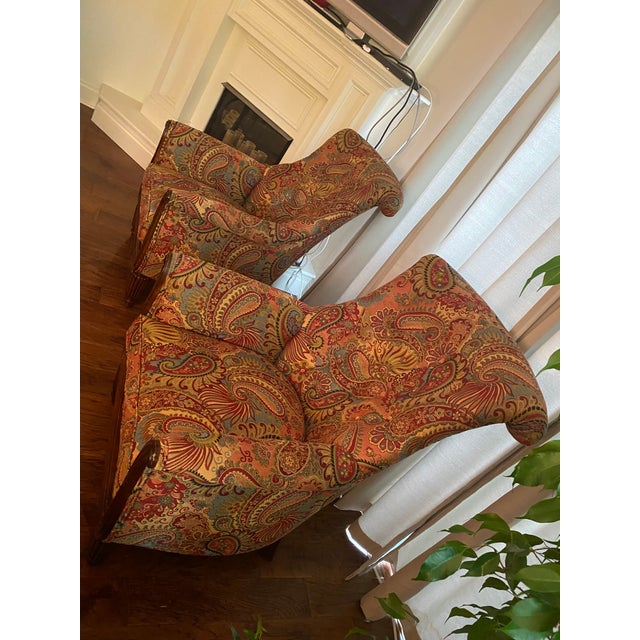 Large Comfortable Paisley & Mahogany Tall Back Club Chairs- a Pair ...
