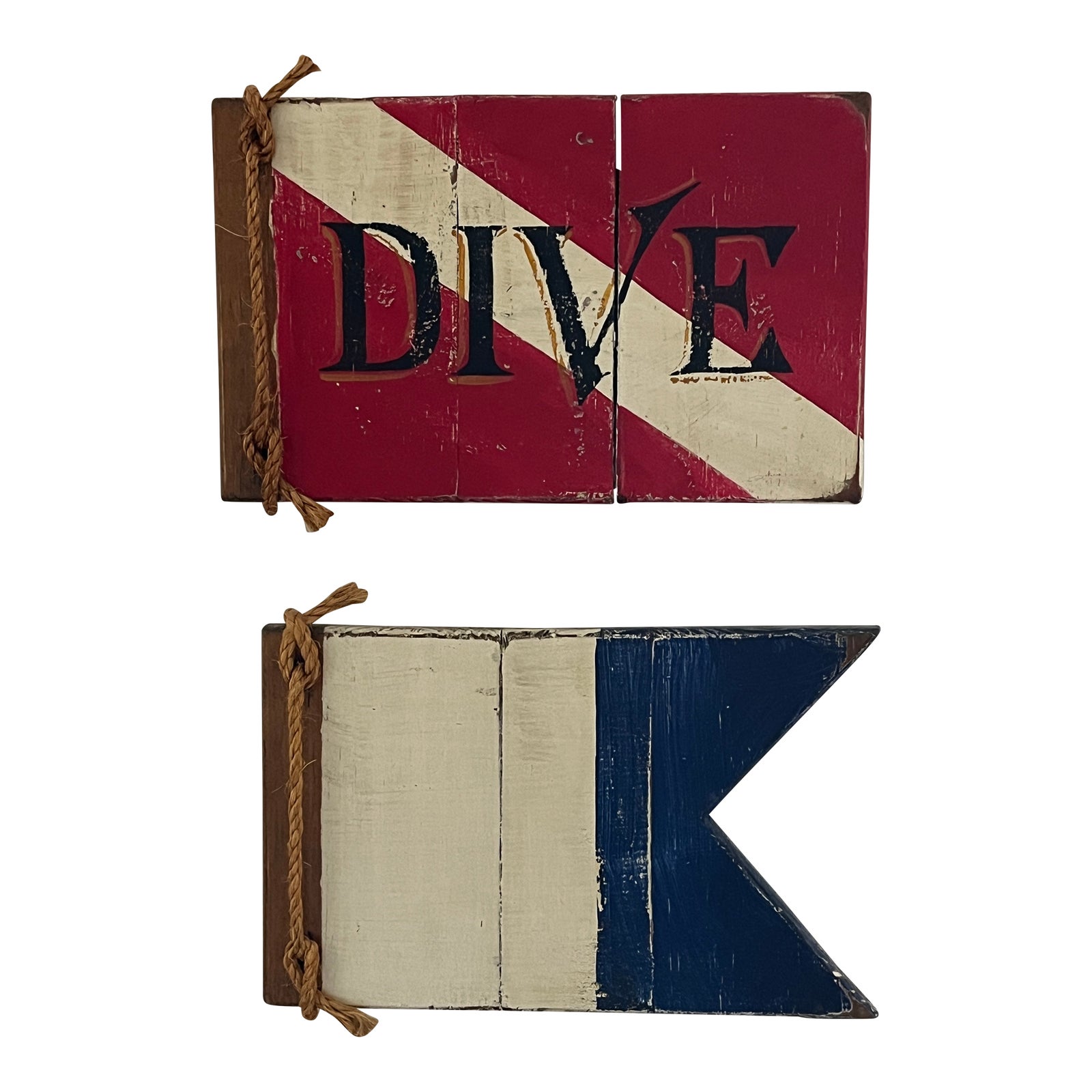 Dive Nautical Wood Wall Flags Plaques Signs - Set of 2 | Chairish
