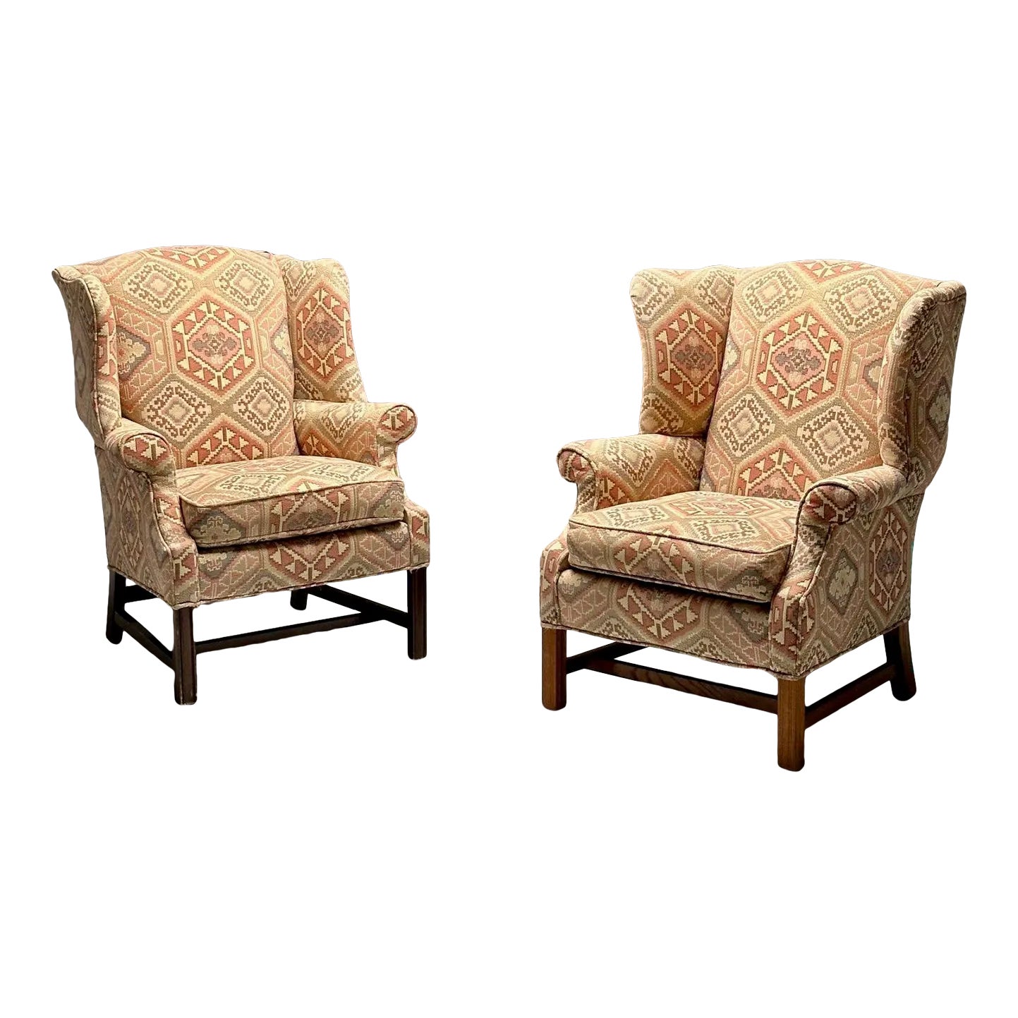 English Georgian Style, Wingback Chairs, Pink Aztec Print, Tapestry ...