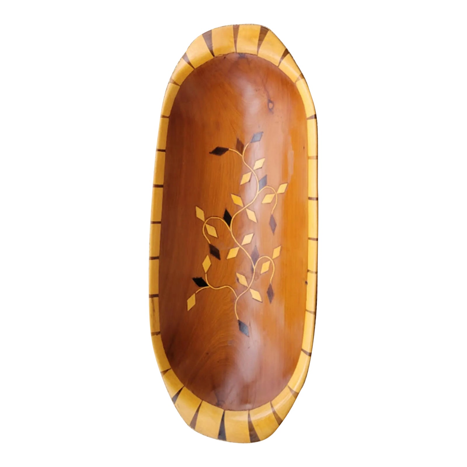 Farmhouse Chic Inlaid Long Oval Wooden Decorative Fruit Bowl | Chairish