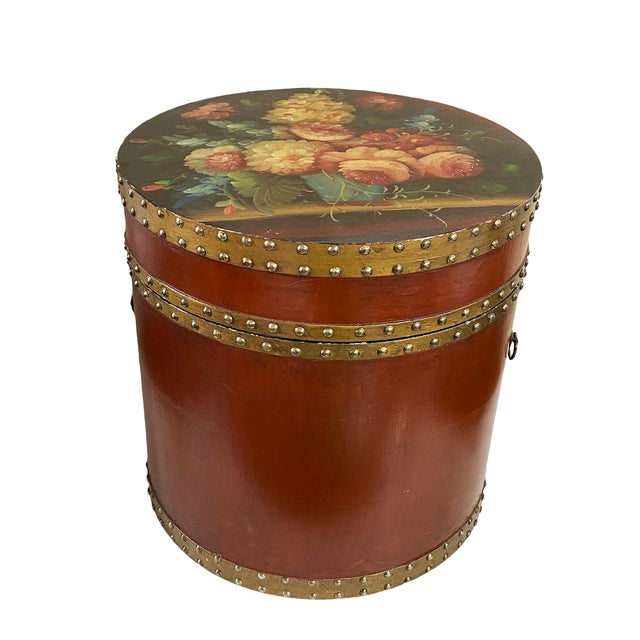 Large English Style Wooden Round Painted Box With Flowers | Chairish