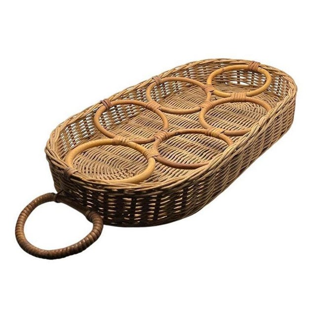 Vintage Oval Wicker and Rattan Cup Holder Tray | Chairish