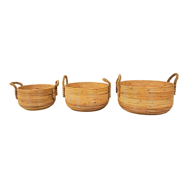 Set of 3 Pencil Reed Rattan and Rope Bowls | Chairish