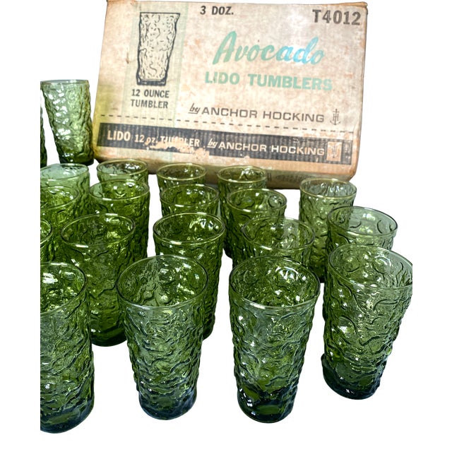 1970s Anchor Hocking Lido Crinkle Glass Tumblers In Avocado Set Of 8