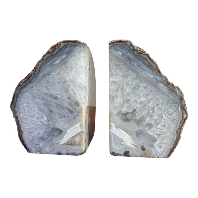 Large Vintage Pair of White Quartz Crystal Geode Polished Bookends ...