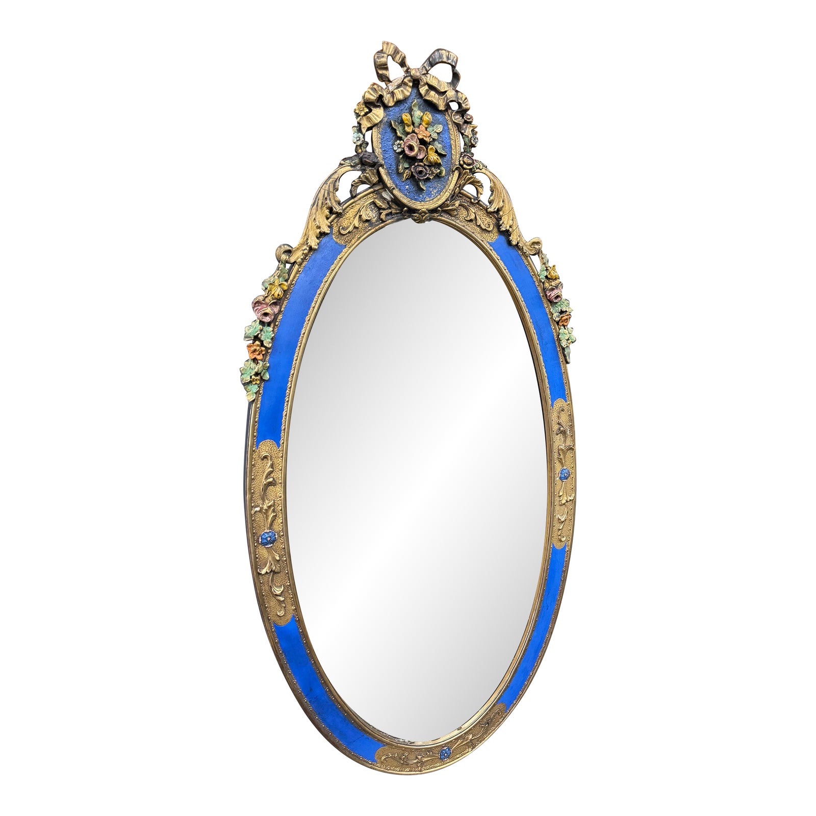 Antique 19th Century French Rococo Style Oval Mirror With Blue Painted ...