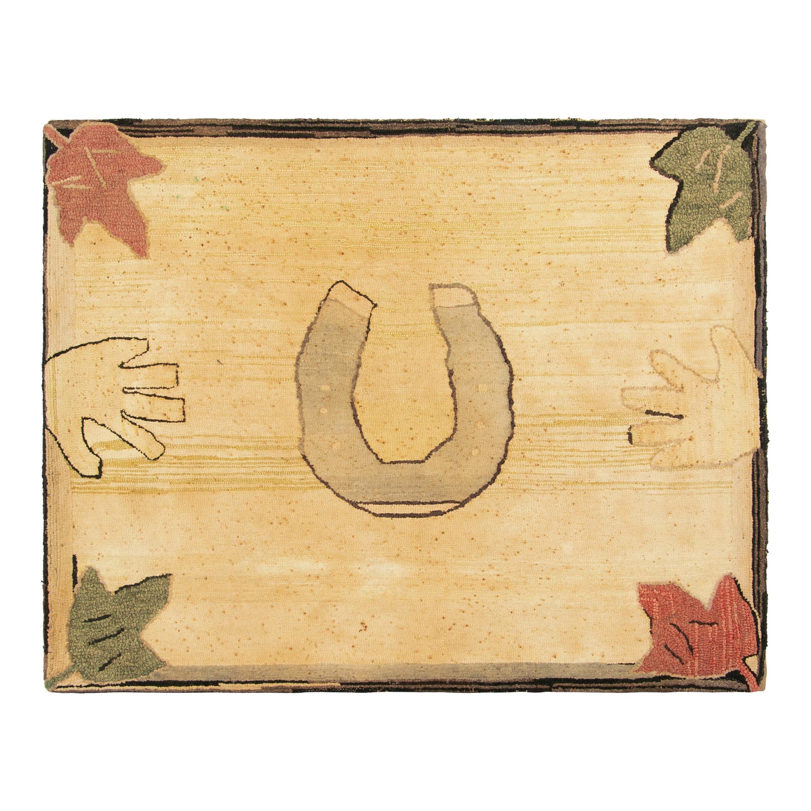 Antique Framed Hooked Rug in Cream With Horseshoe Pictorial - Rug ...