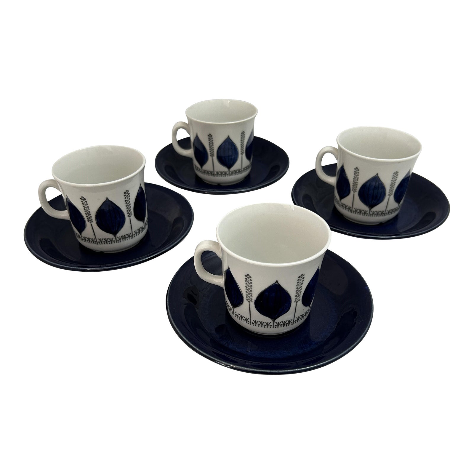Vintage Upsala Ekeby Swedish Blue Groblad Pattern Cups & Saucers Set- 8 ...