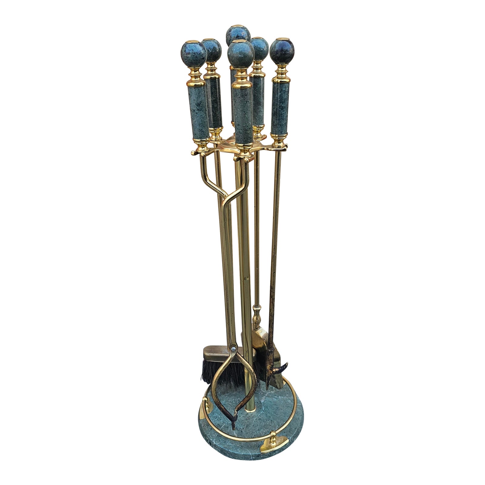 Mid-Century Regency Style Brass and Green Marble Fireplace Tools Set ...