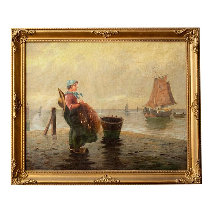 1920s Antique Oil Painting of Fisherman by the Sea, Framed | Chairish