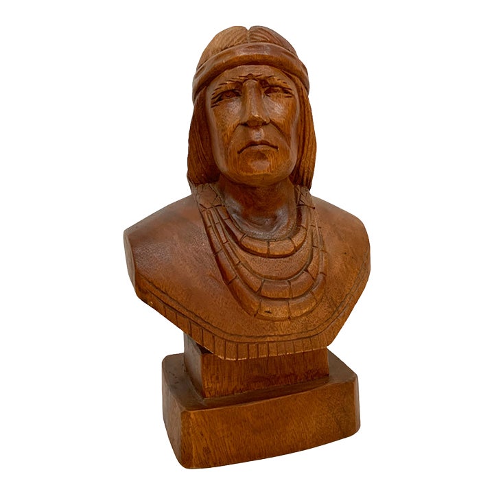 Vintage Hand-Carved Wooden Native American Bust | Chairish