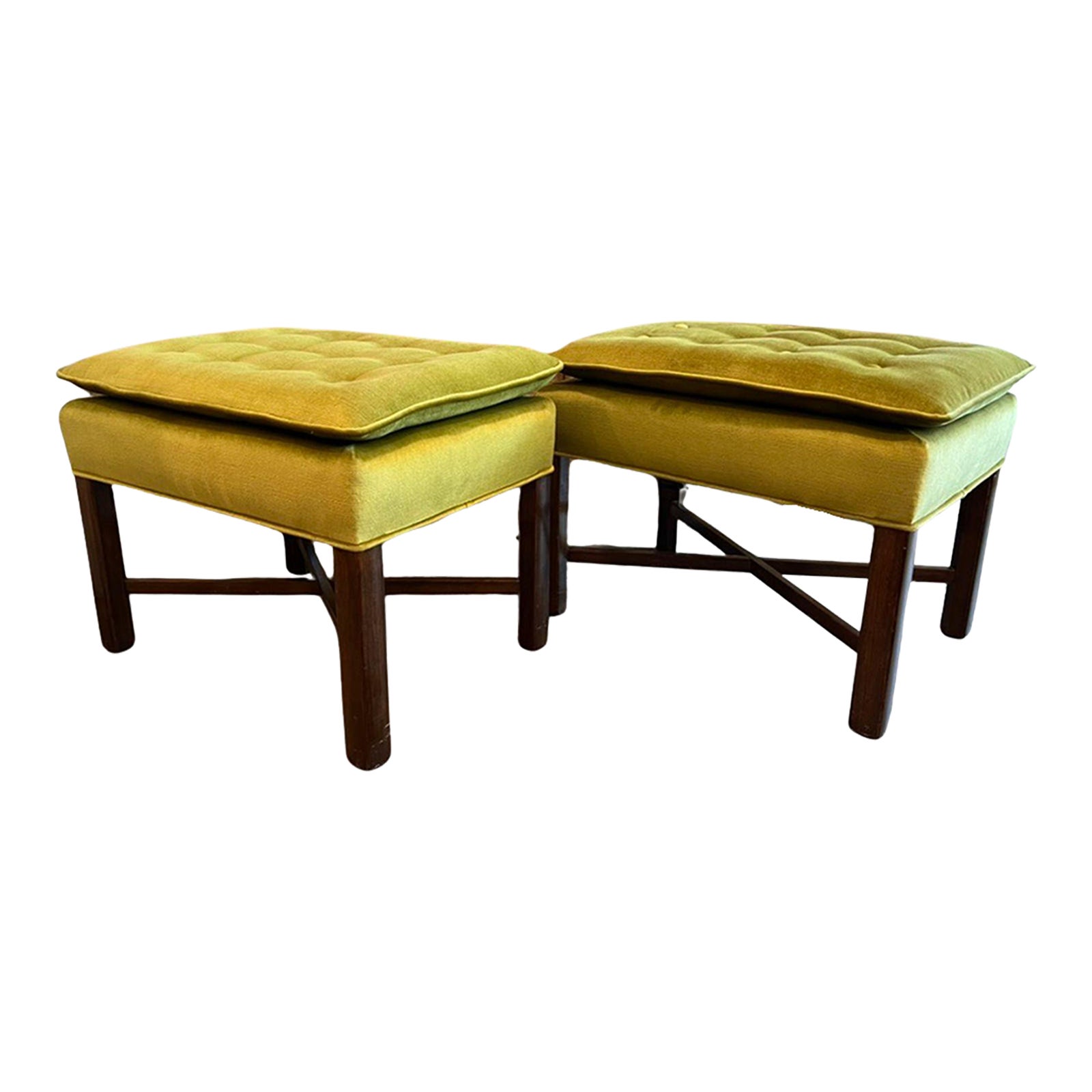 Pair of Mid-Century Ottomans With Green Velvet Tufted Cushions | Chairish