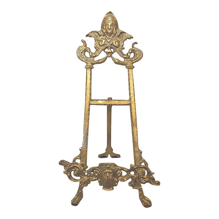 Vintage Ornate Brass Easel Stand With Molded Brass Faces | Chairish