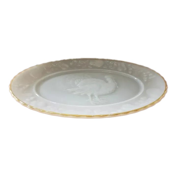 Vintage Anchor Hocking Milk Glass Turkey Serving Platter With Gold Trim ...