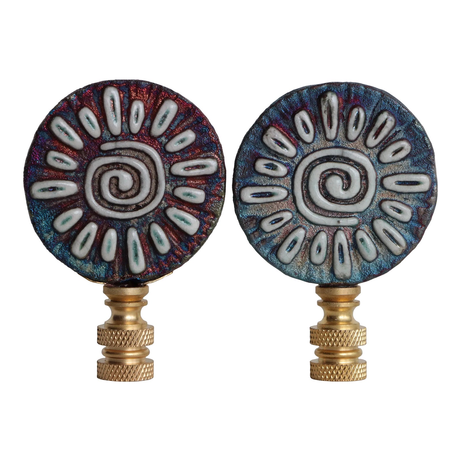Raku Sun Lamp Finials on Brass Hardware - a Pair | Chairish